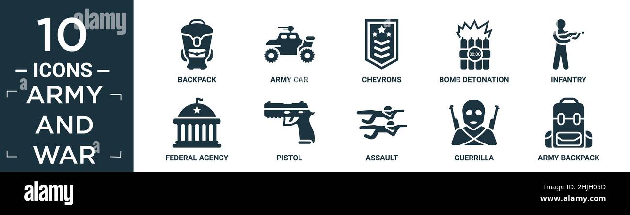 filled army and war icon set. contain flat backpack, army car, chevrons ...
