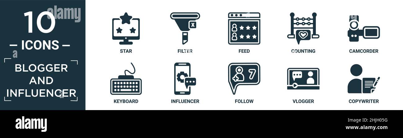 filled blogger and influencer icon set. contain flat star, filter, feed ...