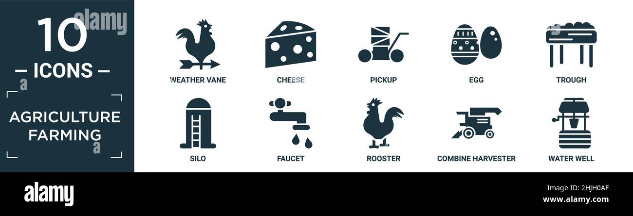 filled agriculture farming icon set. contain flat weather vane, cheese ...