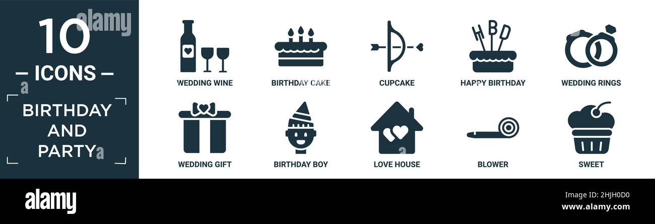 filled birthday and party icon set. contain flat wedding wine, birthday ...