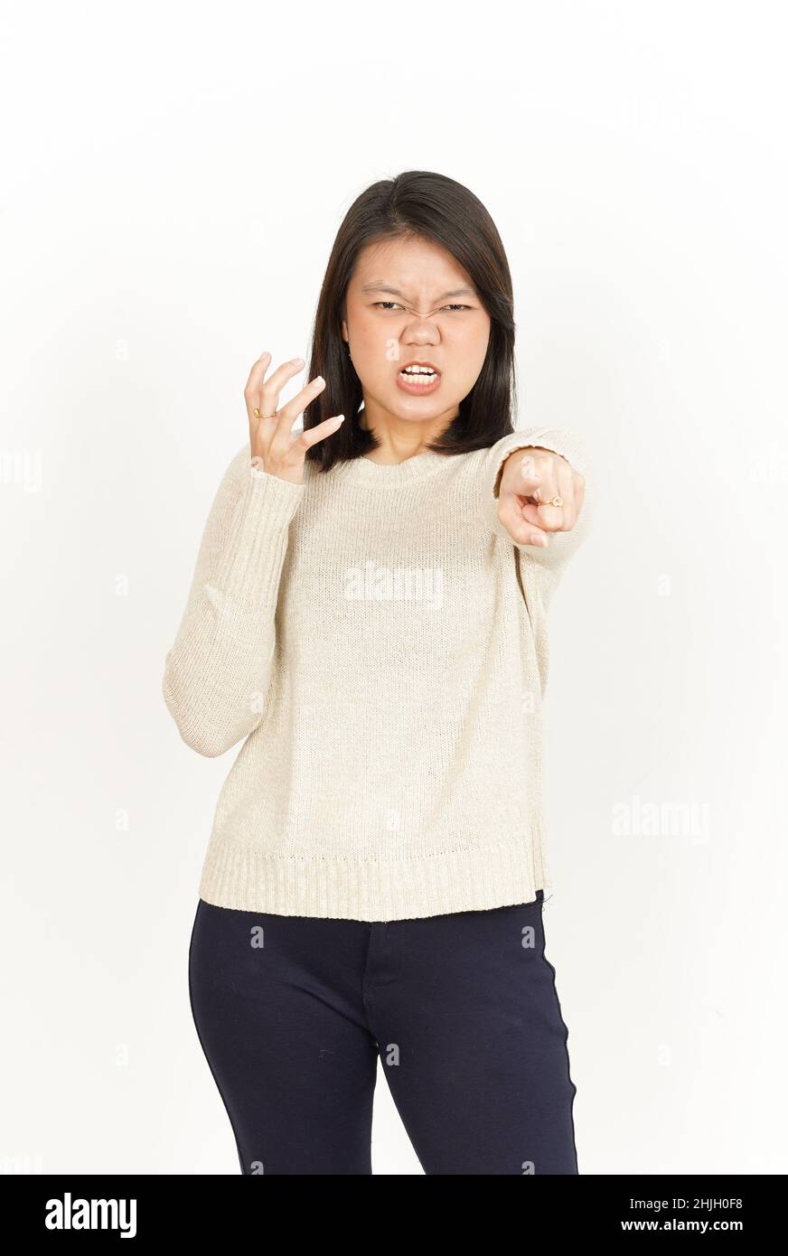 Angry Gesture of Beautiful Asian Woman Isolated On White Background ...
