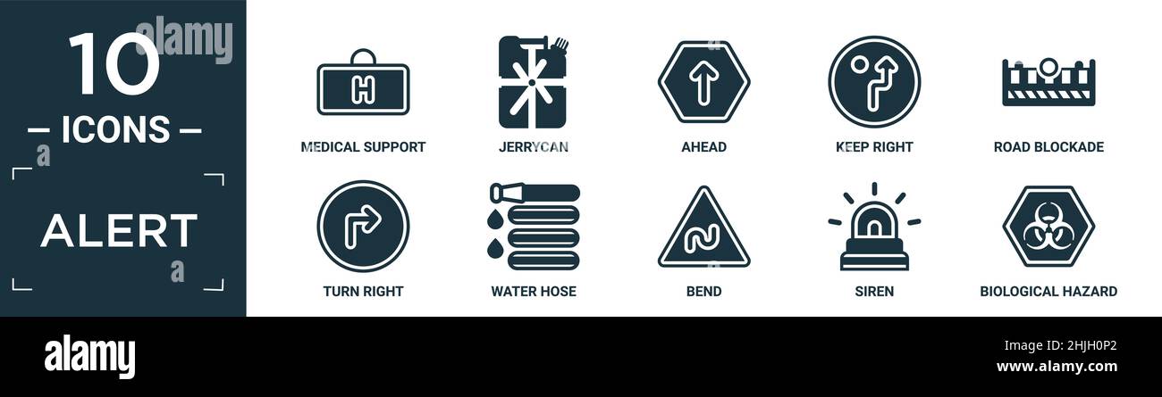 filled alert icon set. contain flat medical support, jerrycan, ahead ...