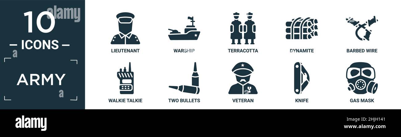 filled army icon set. contain flat lieutenant, warship, terracotta ...