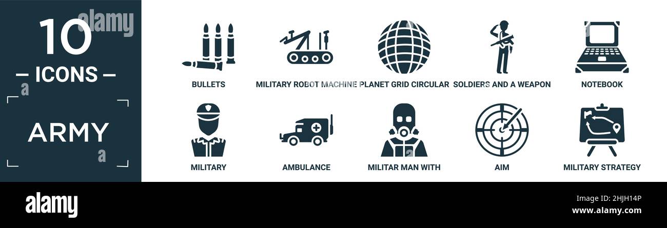 filled army icon set. contain flat bullets, military robot machine ...