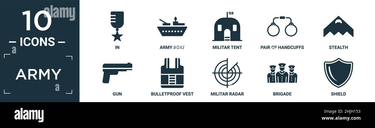 filled army icon set. contain flat in, army boat, militar tent, pair of ...