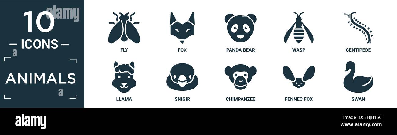 filled animals icon set. contain flat fly, fox, panda bear, wasp ...