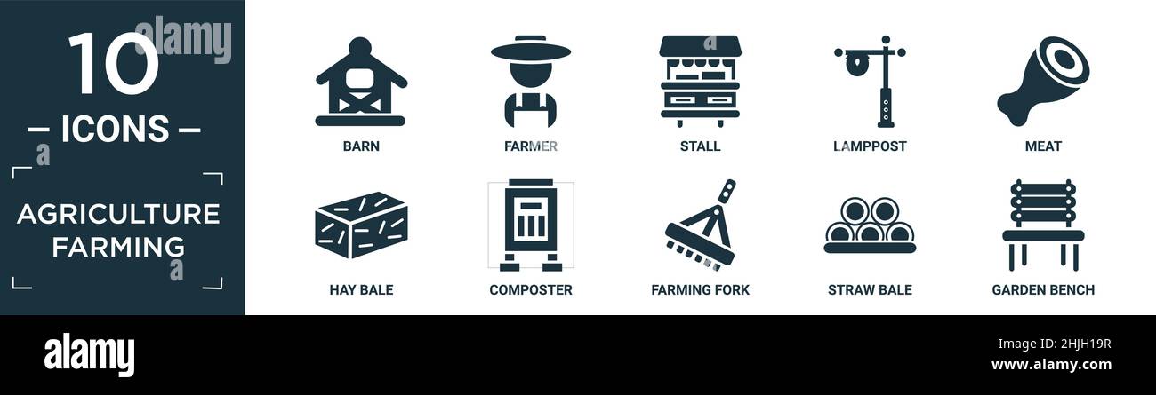 filled agriculture farming icon set. contain flat barn, farmer, stall ...