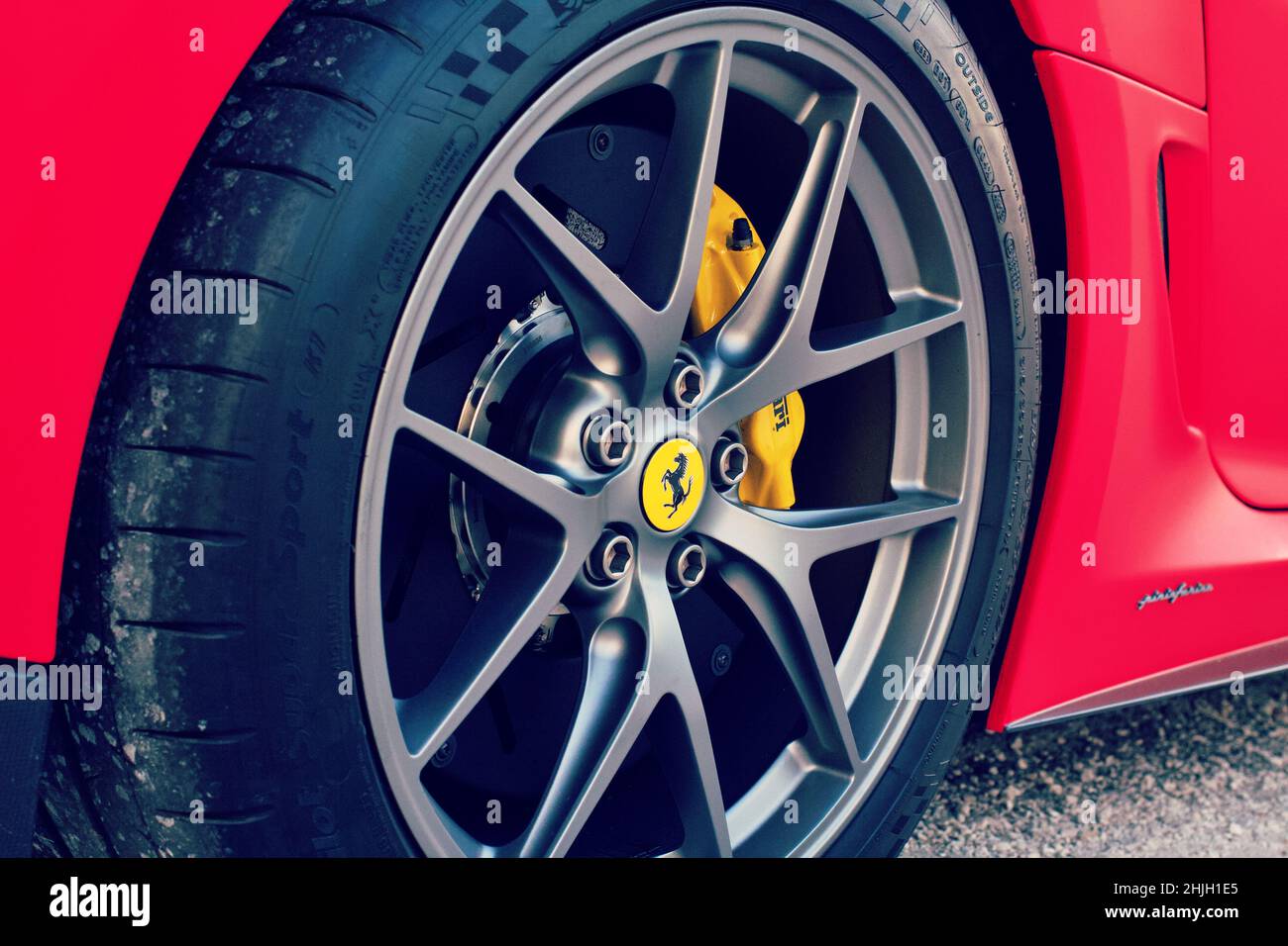 14th July 2021, Province of Pisa, Italy , Close up of a tyre of a red ...