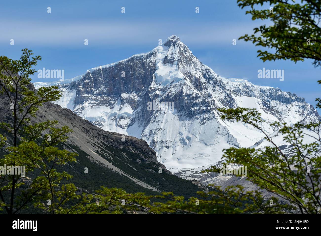 View of snowcapped peak Cerro San Lorenzo at Perito Moreno national ...