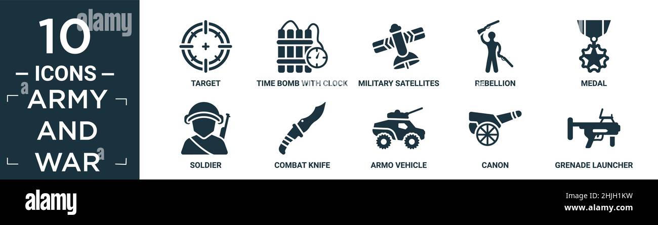 filled army and war icon set. contain flat target, time bomb with clock ...
