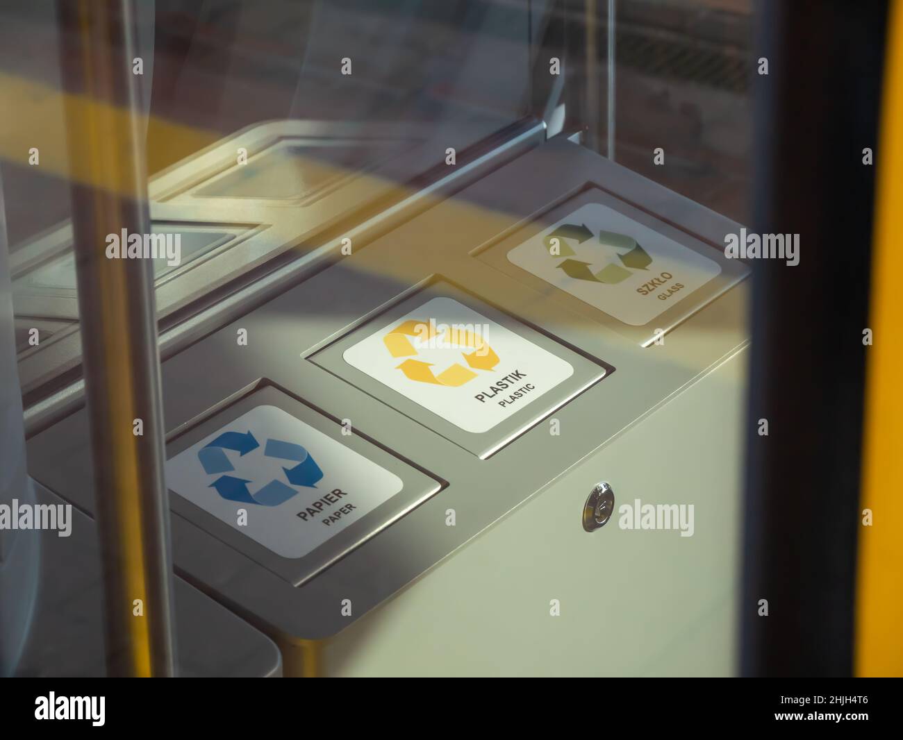 Signs, stickers for plastic, paper, glass trash sorting Stock Photo - Alamy