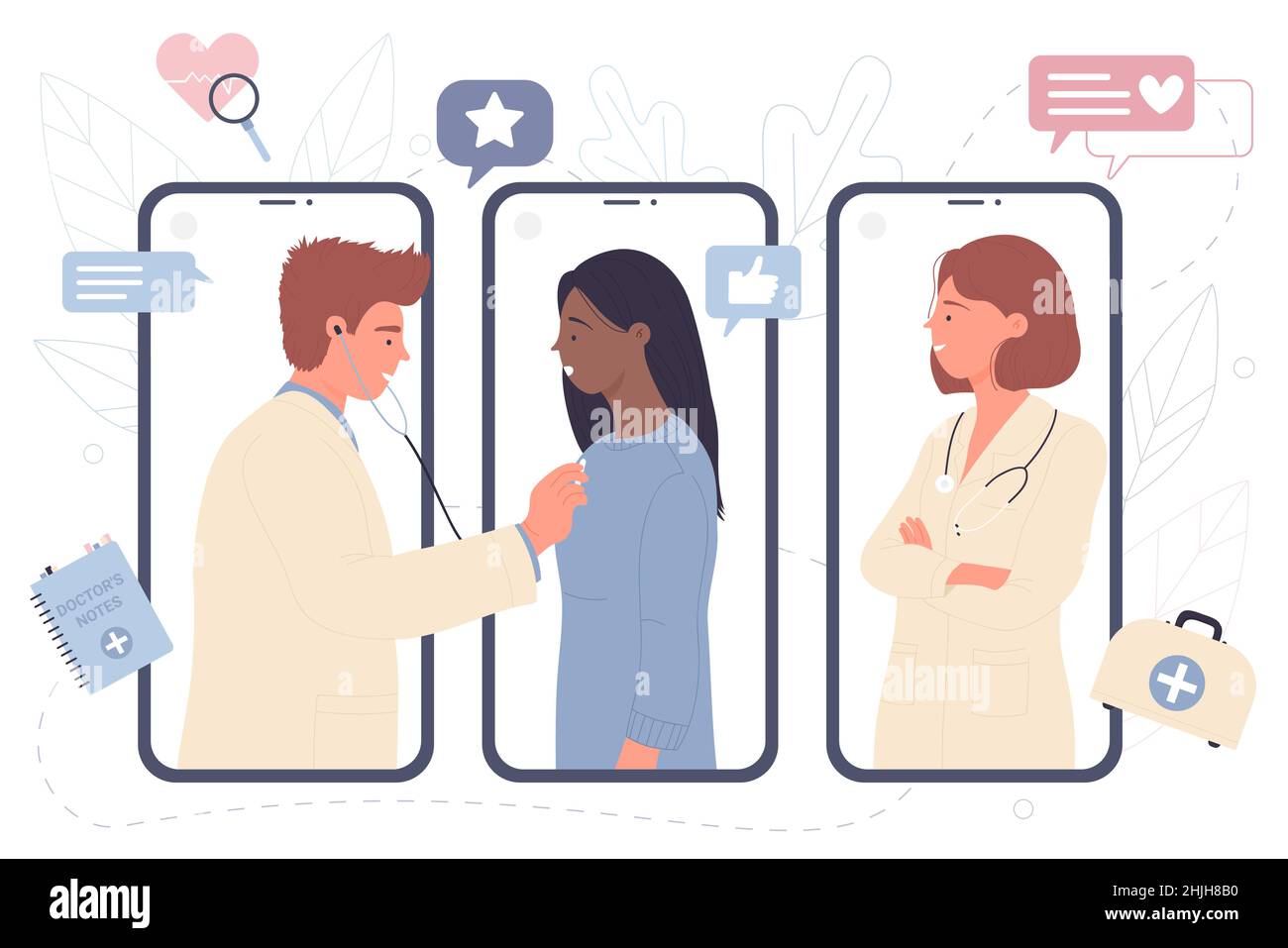 Online consultation of patient by doctor with stethoscope, people on ...