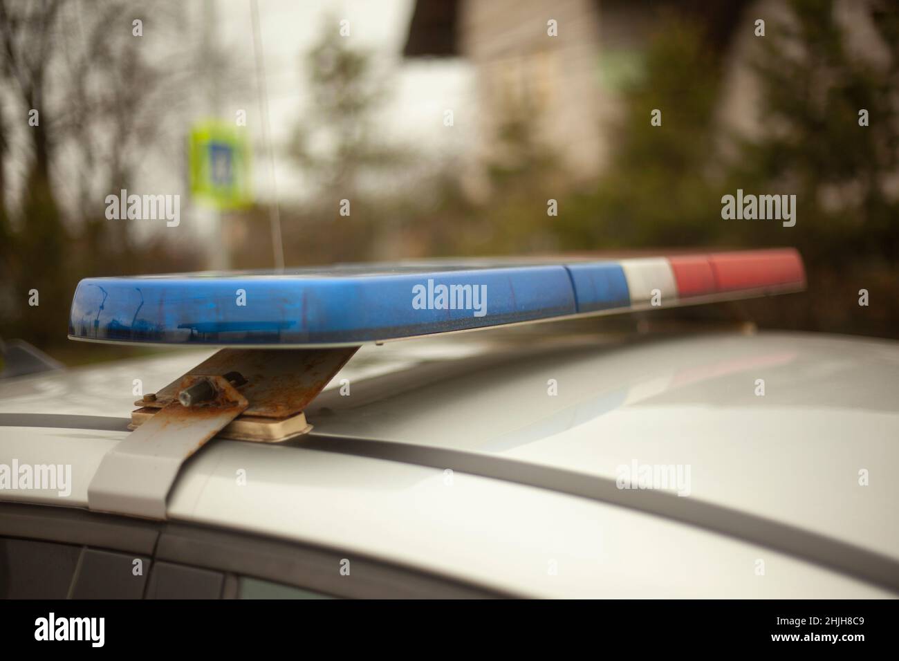 Police flasher on car. Details of police car. Blue and red signal on ...