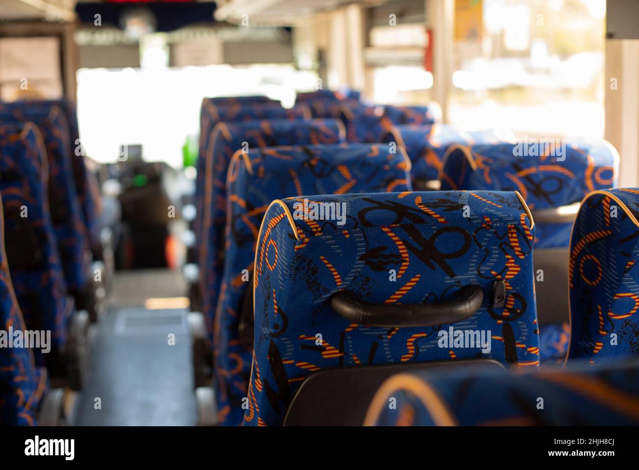 Interior of bus. Seating in transport. Seats for passengers. Seats for ...