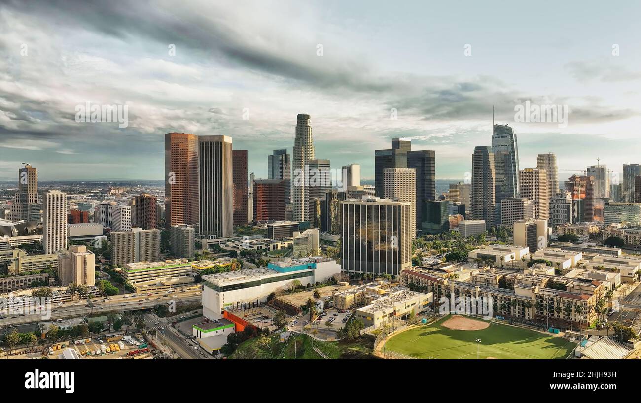 Los Angeles downtown skyline, panoramic landscape. Los angels city ...