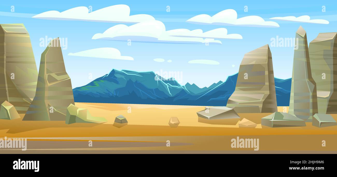 Cliffs, rocks and mountains in distance. Desert sand. Landscape of ...