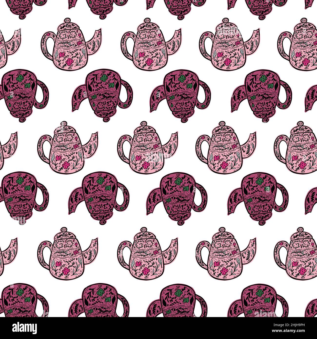 Vintage teapots seamless pattern. Background of teatime in hand drawn ...