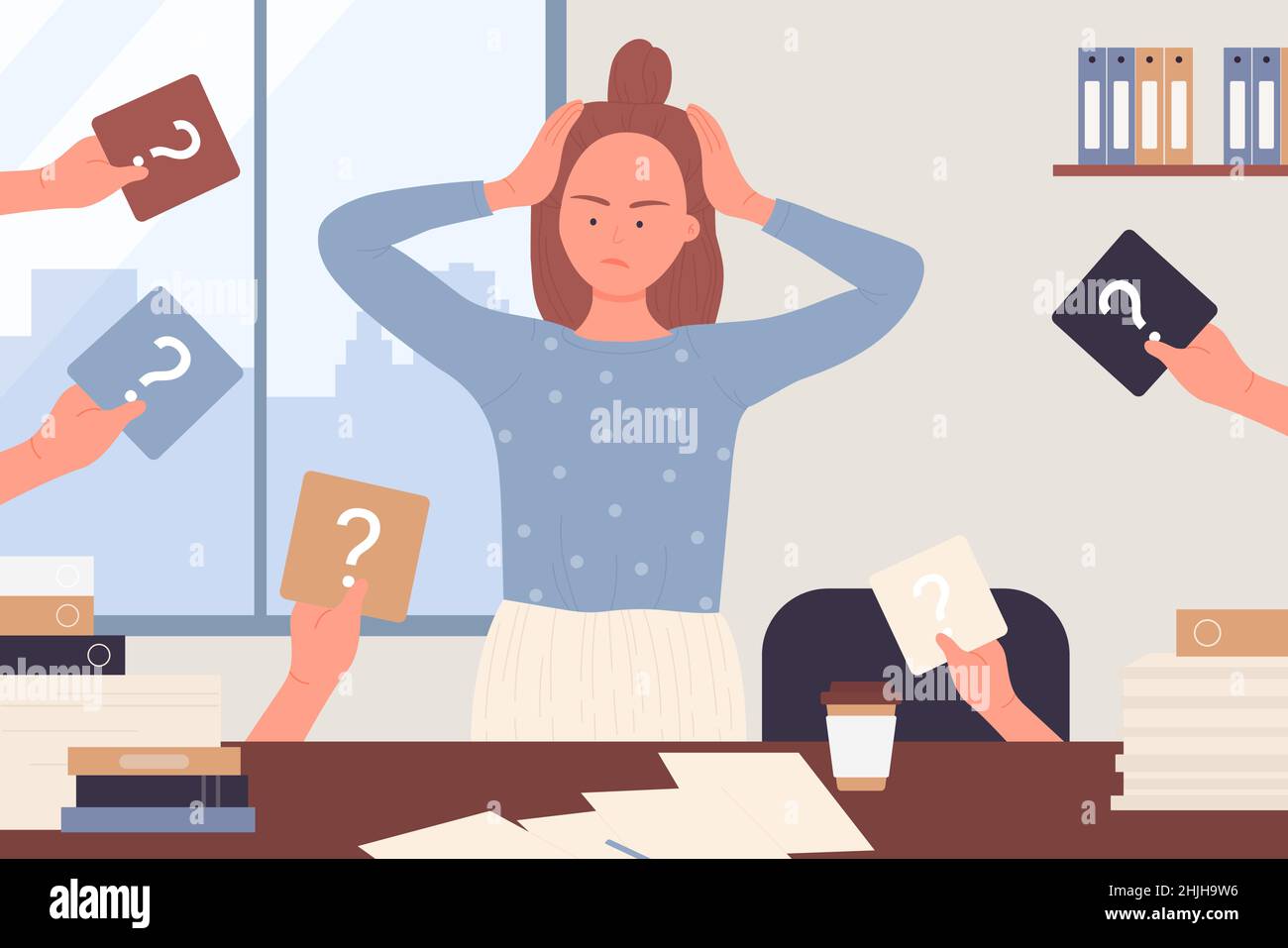 Female character under stress from difficult tasks, looking for answer ...