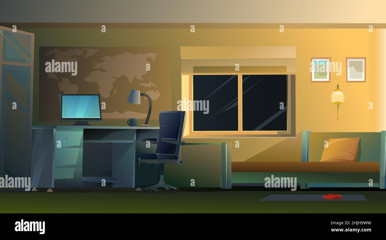 Bedroom interior with bed and computer table. Cozy room with furniture ...