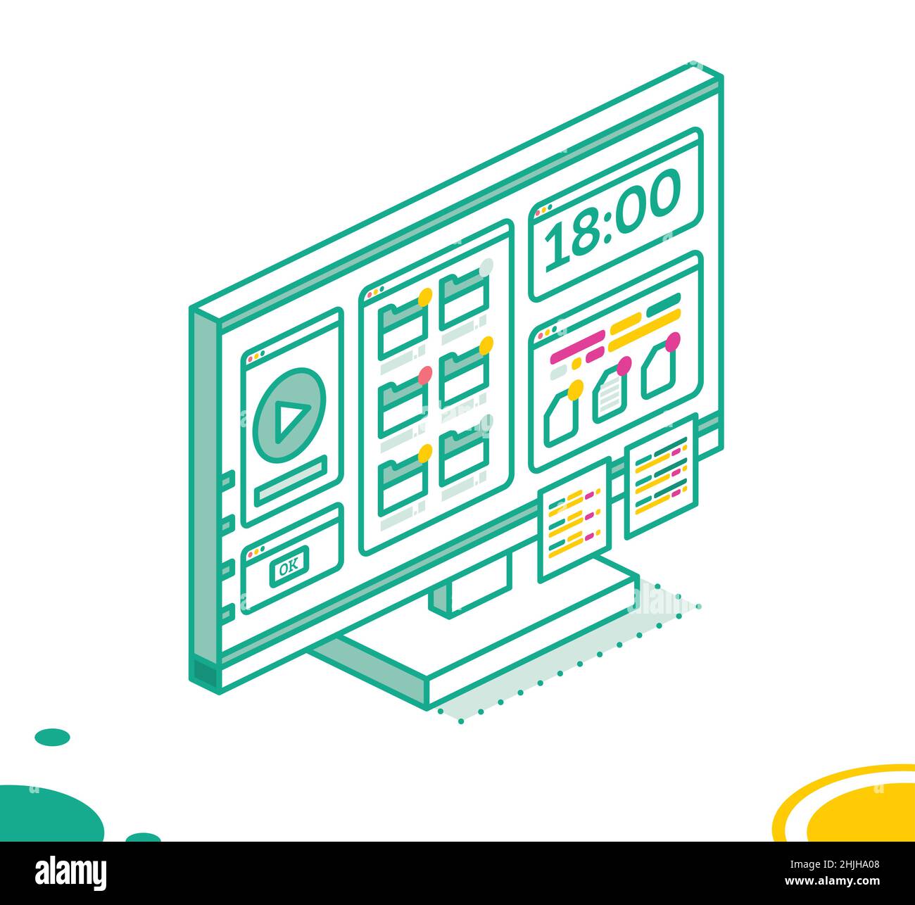 Isometric PC Computer Monoblock with Media Player, Folders and Two ...