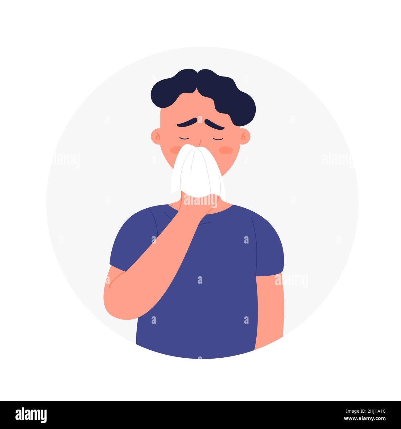 Boy who catched cold blowing his nose in tissue. Sinusitis inflammation ...