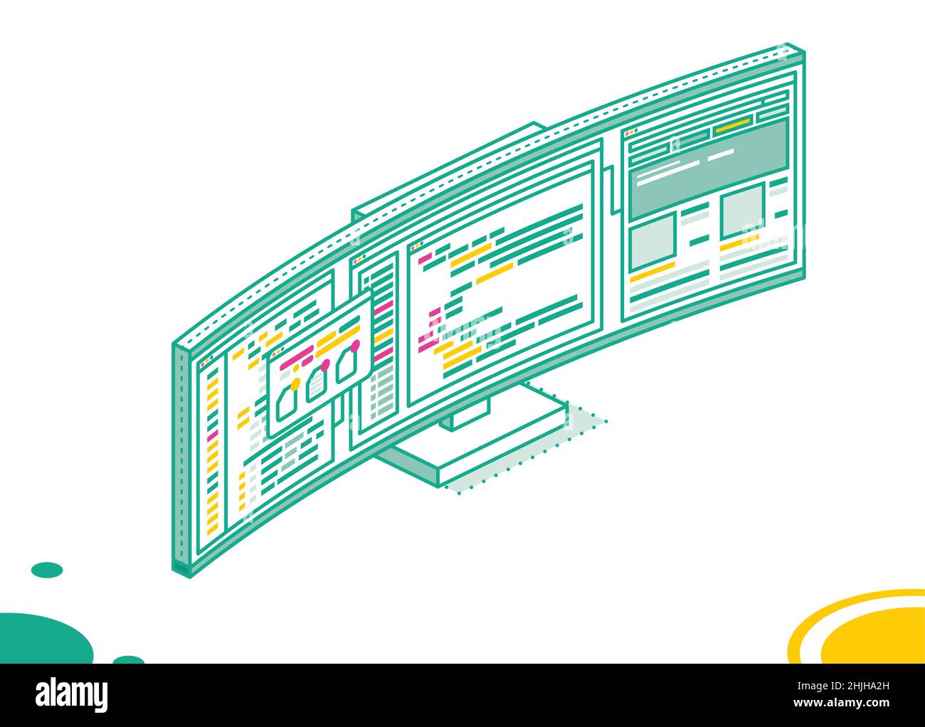 Isometric Curved Gaming Monitor With Open Web Pages And Folders Pc Computer Monoblock Outline