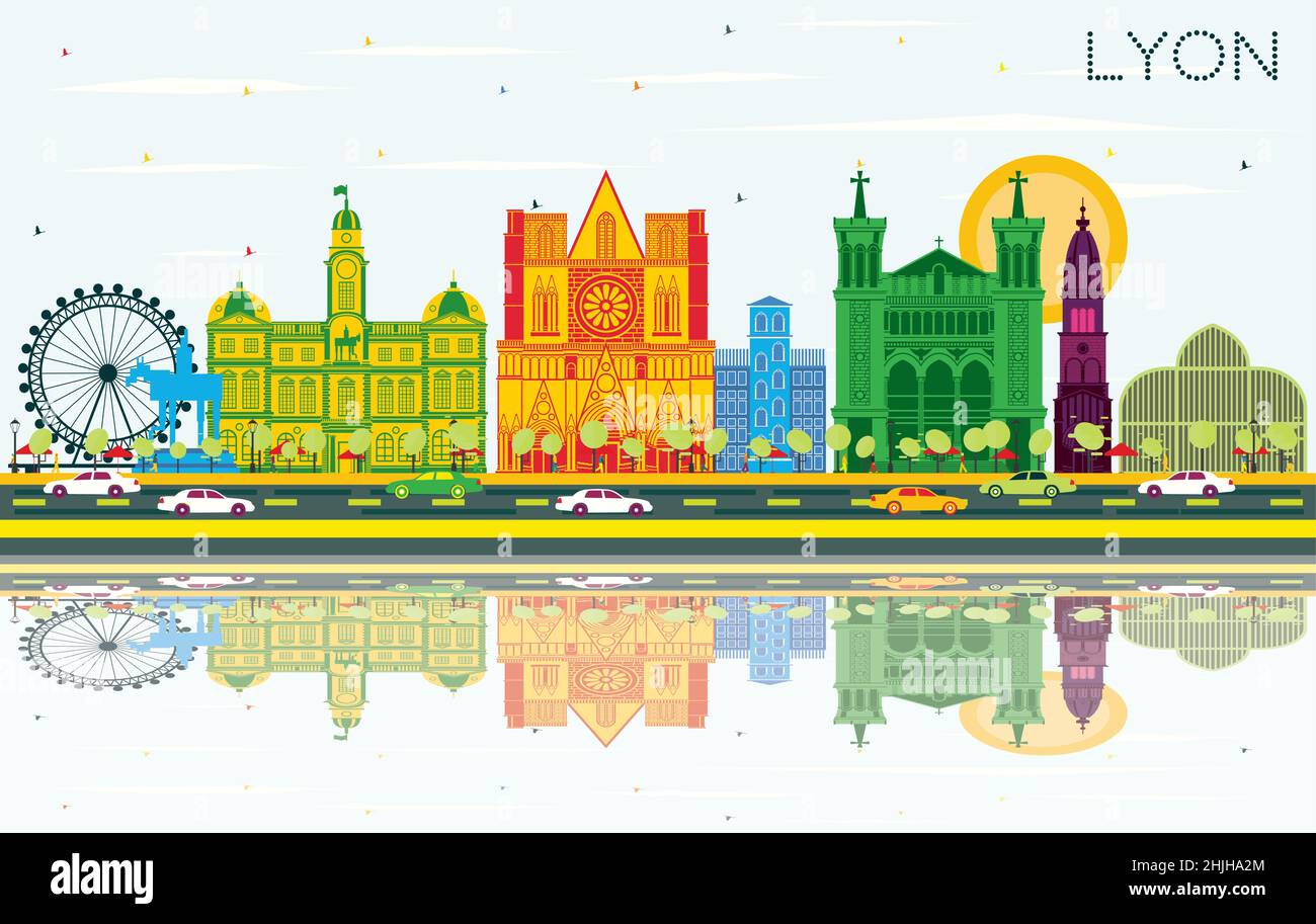 Lyon France City Skyline with Color Buildings, Blue Sky and Reflections ...