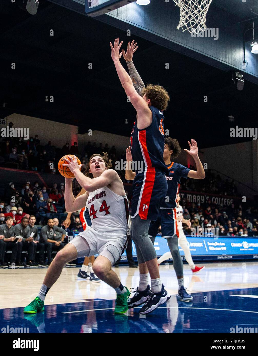 January 29 2022 Moraga, CA U.S.A. St. Mary's guard Alex Ducas (44) drives to the hoop and scores ...