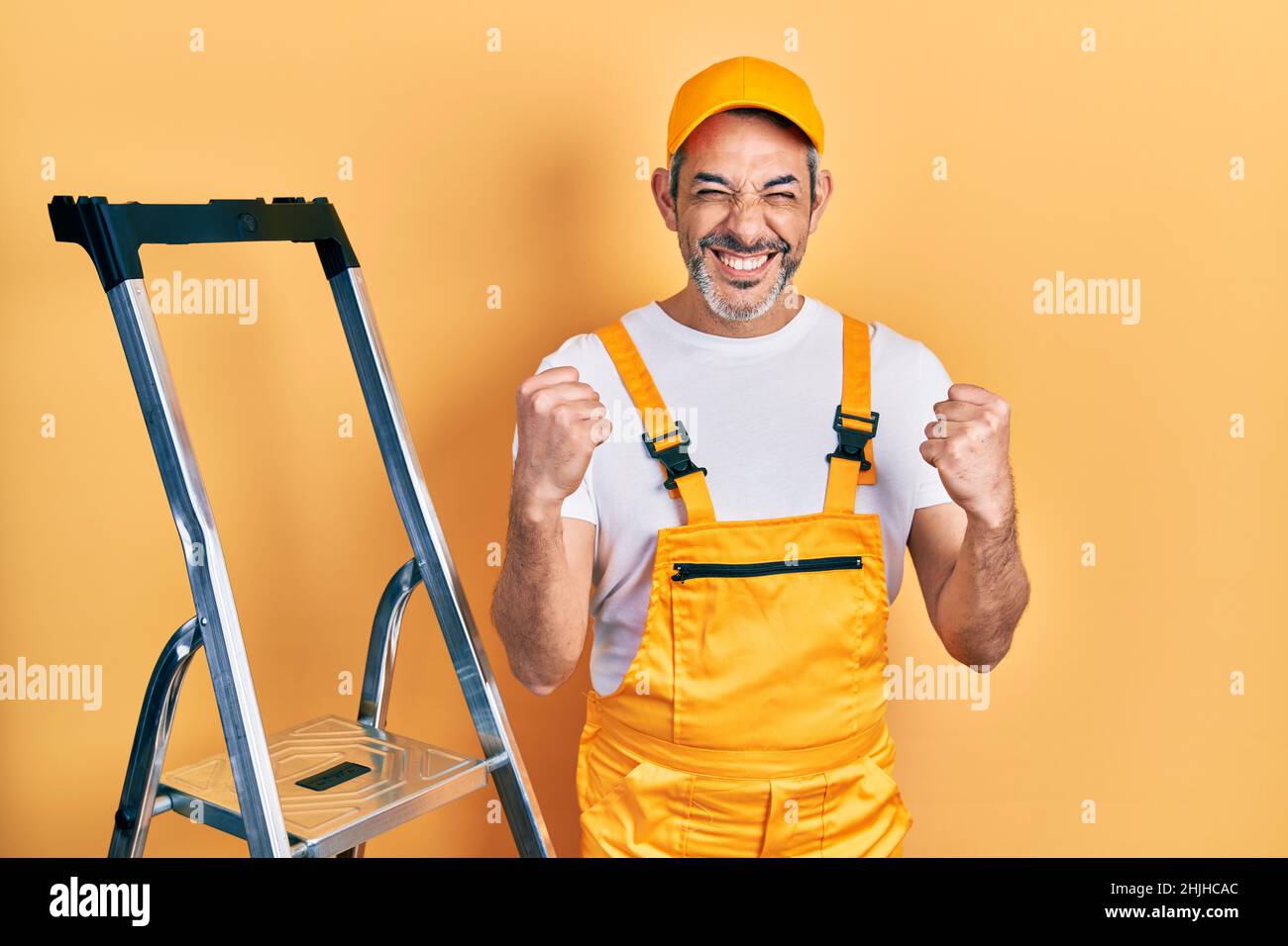 Handsome middle age man with grey hair holding ladder excited for ...