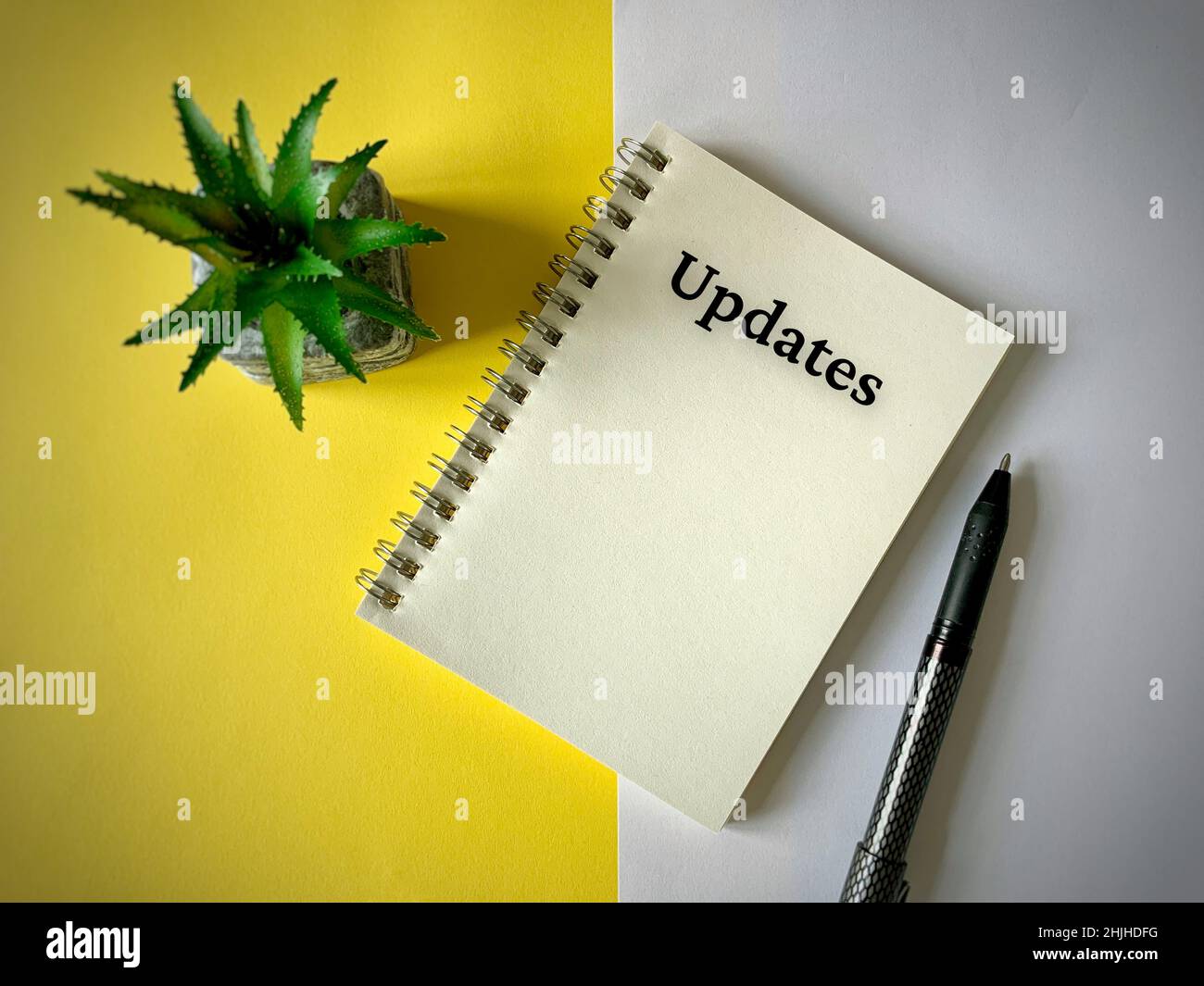 Top view of text on notebook - Updates. With pen and green plant ...