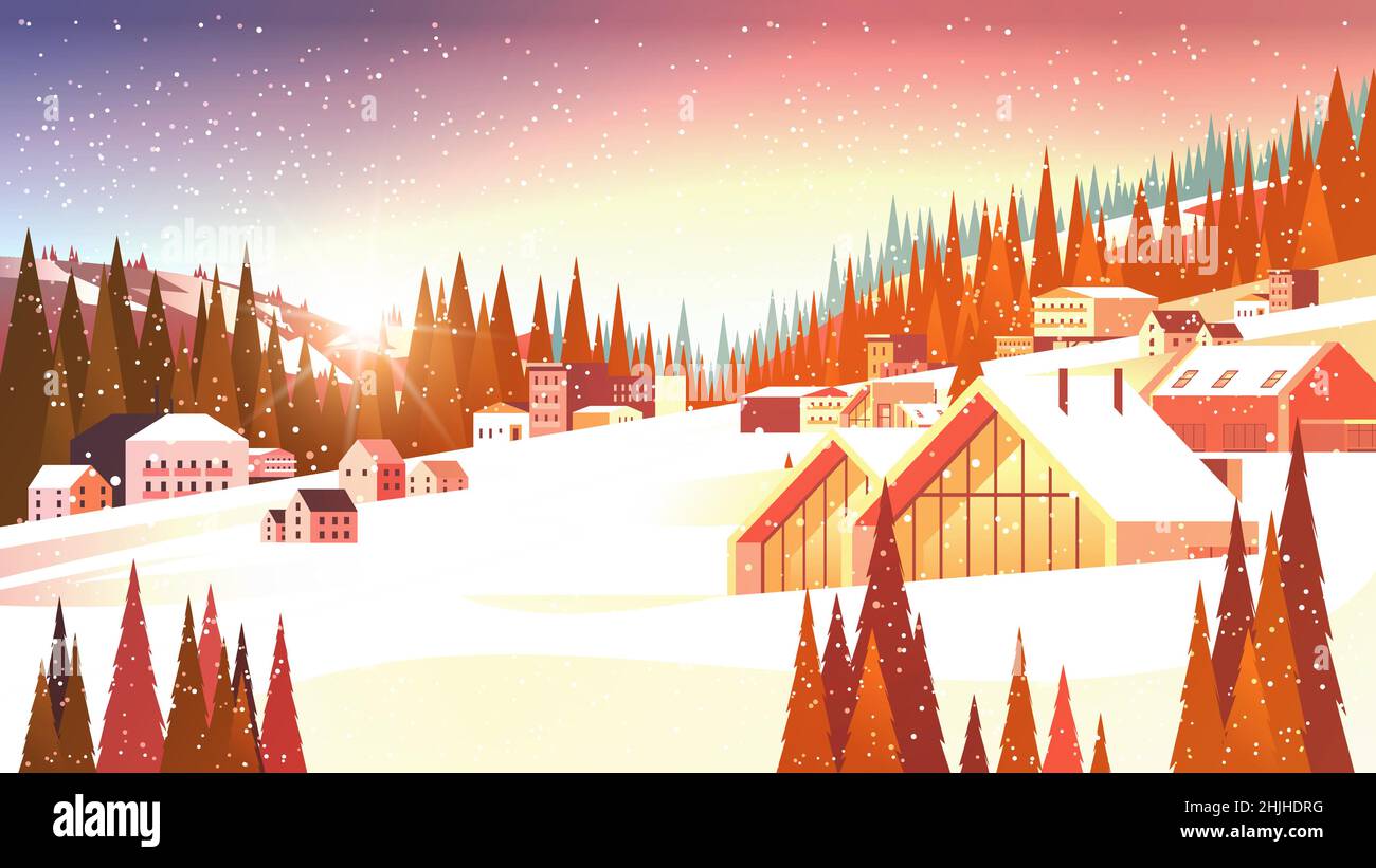 snow covered buildings in winter season residential houses area ski ...