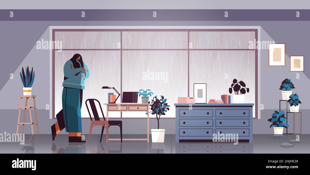 unhappy depressed businesswoman under standing near workplace feeling ...