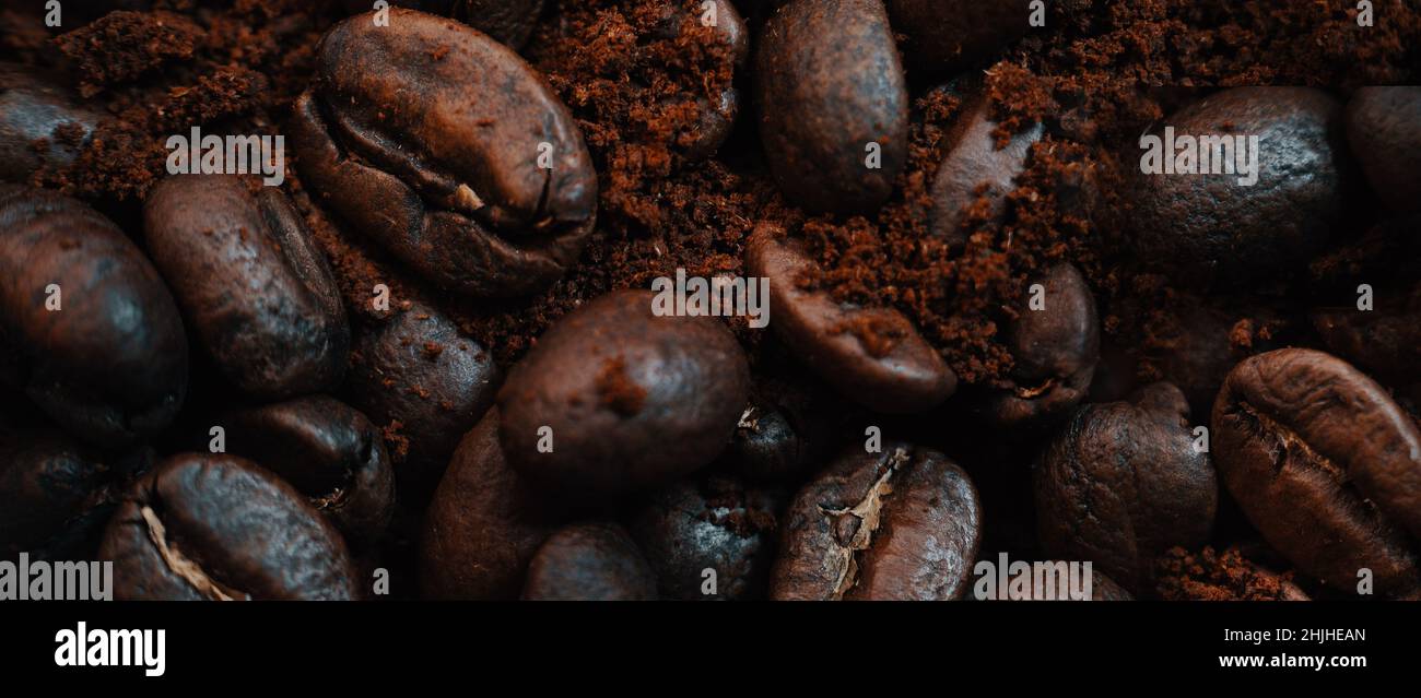 Macrophotography. mixture of coffee beans and ground coffee. view from ...