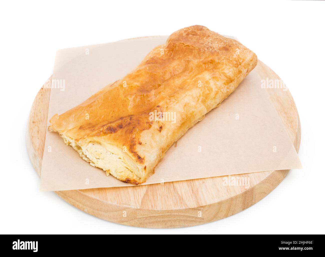 Placinta cake filled with a soft cheese as a romanian cuisine. Isolated ...