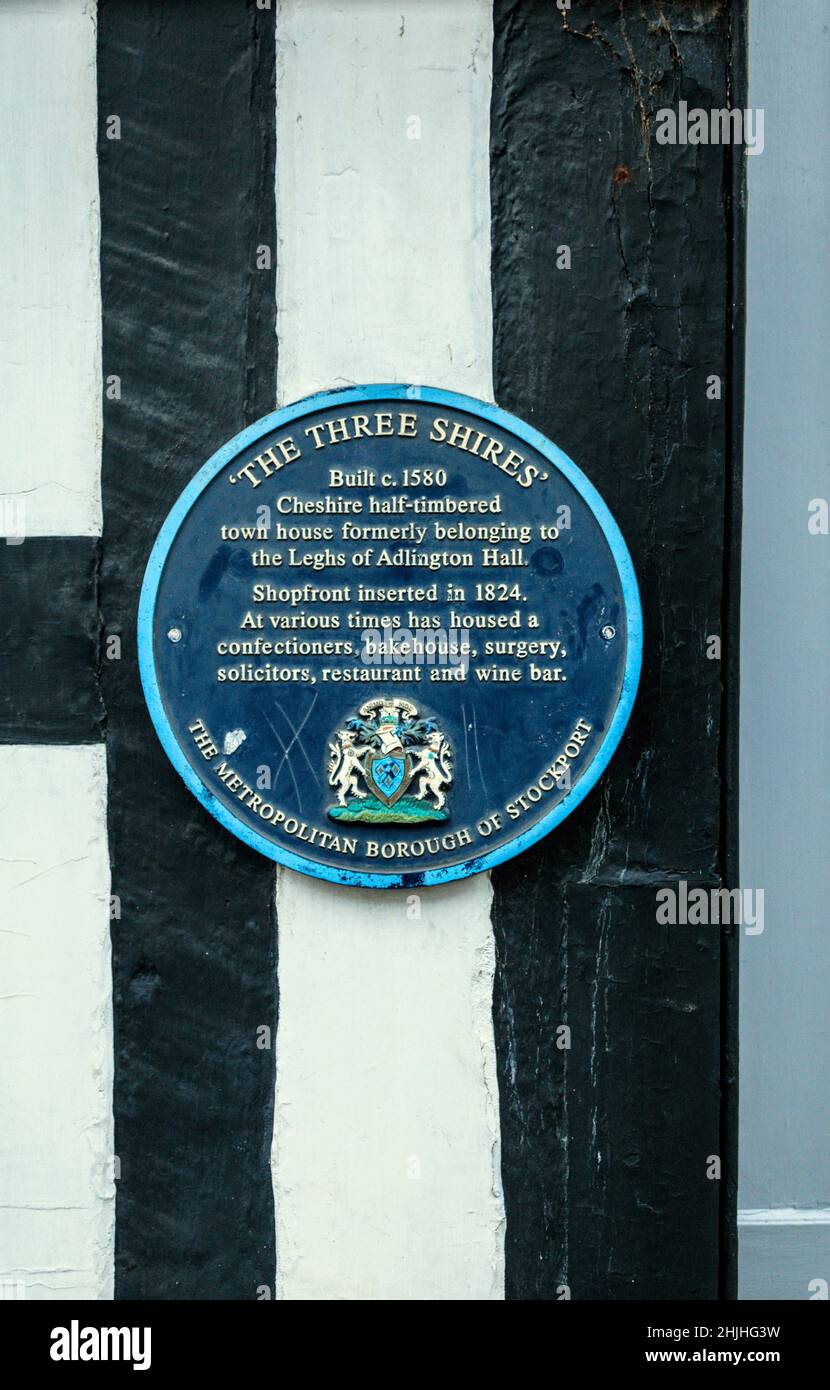 The Three Shires blue plaque. Great Underbank, Stockport Stock Photo ...