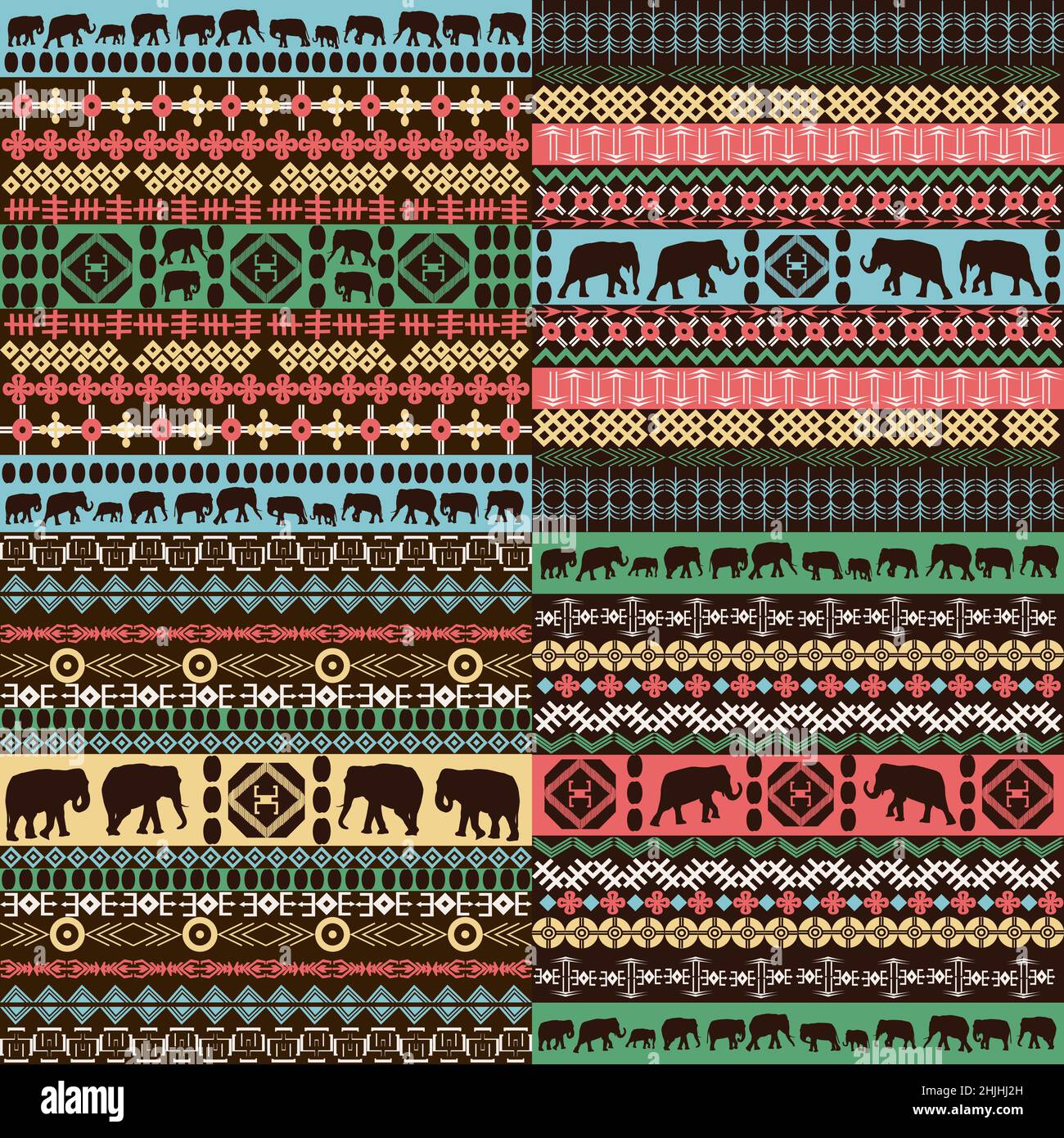 Colorful african patterns with elephants silhouettes Stock Vector Image ...