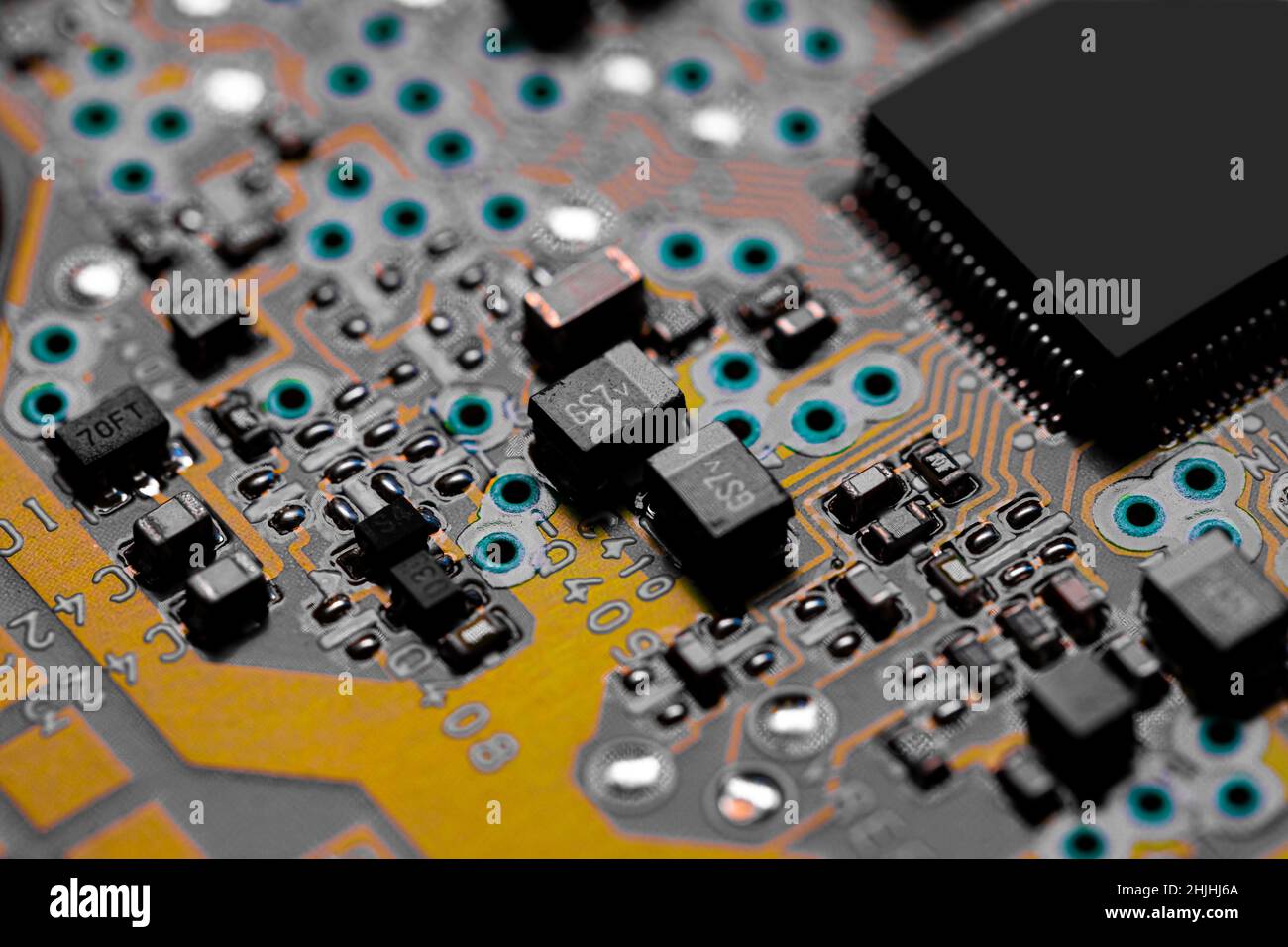 Macro Close up of printed wiring and components on PC circuit board ...