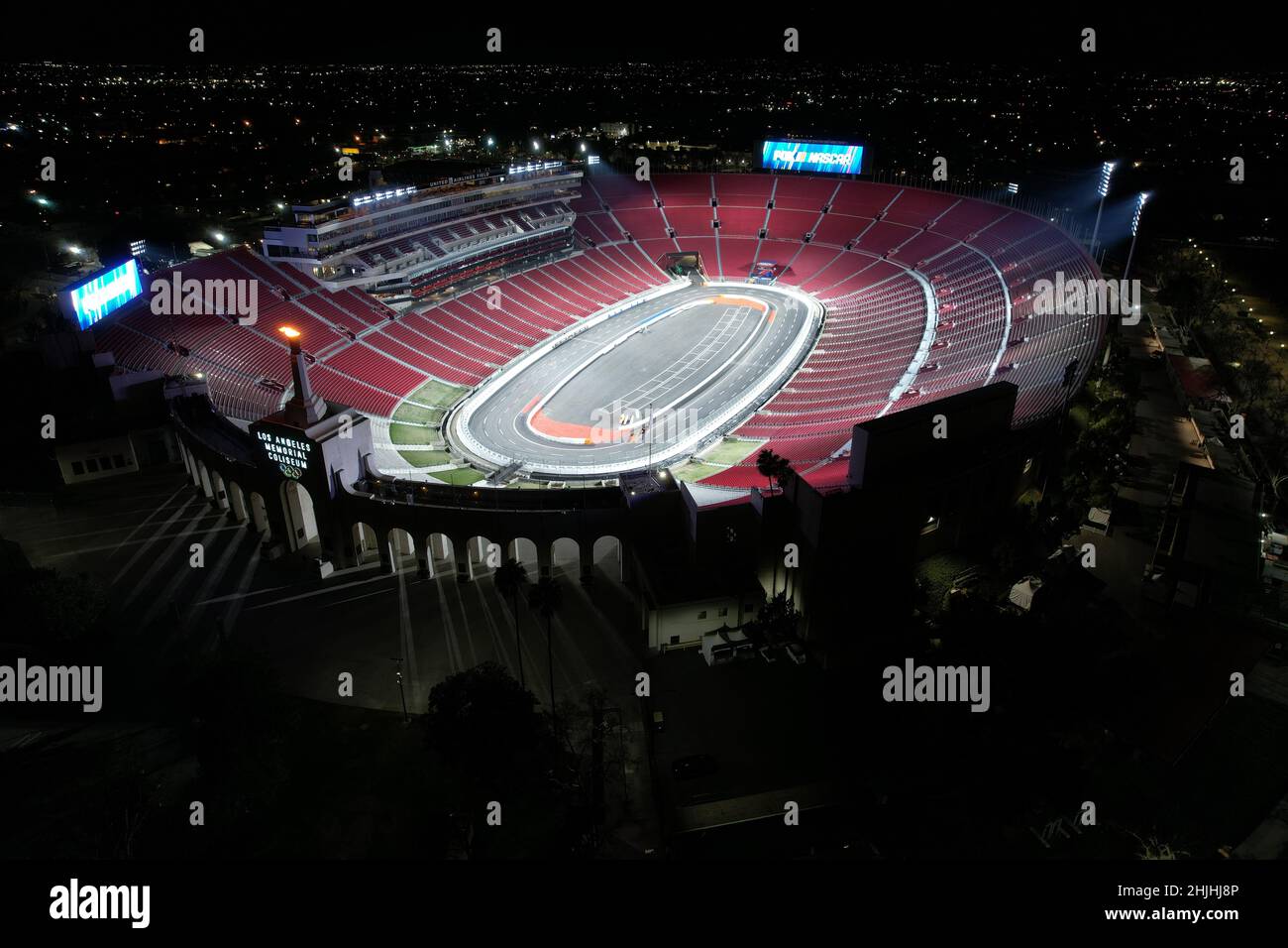 An aerial view of the temporary asphalt racetrack at the Los Angeles Memorial Coliseum for the ...