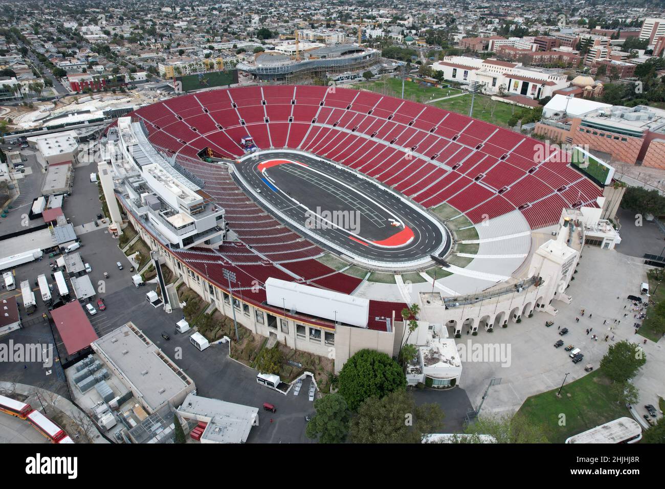 An aerial view of the temporary asphalt racetrack at the Los Angeles Memorial Coliseum for the ...