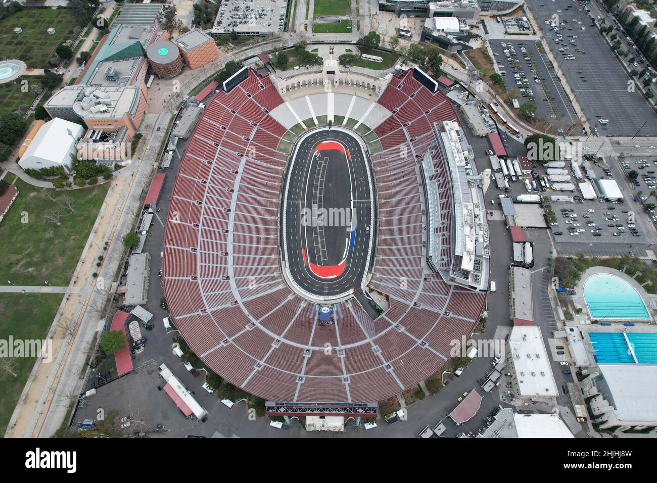 An aerial view of the temporary asphalt racetrack at the Los Angeles Memorial Coliseum for the ...
