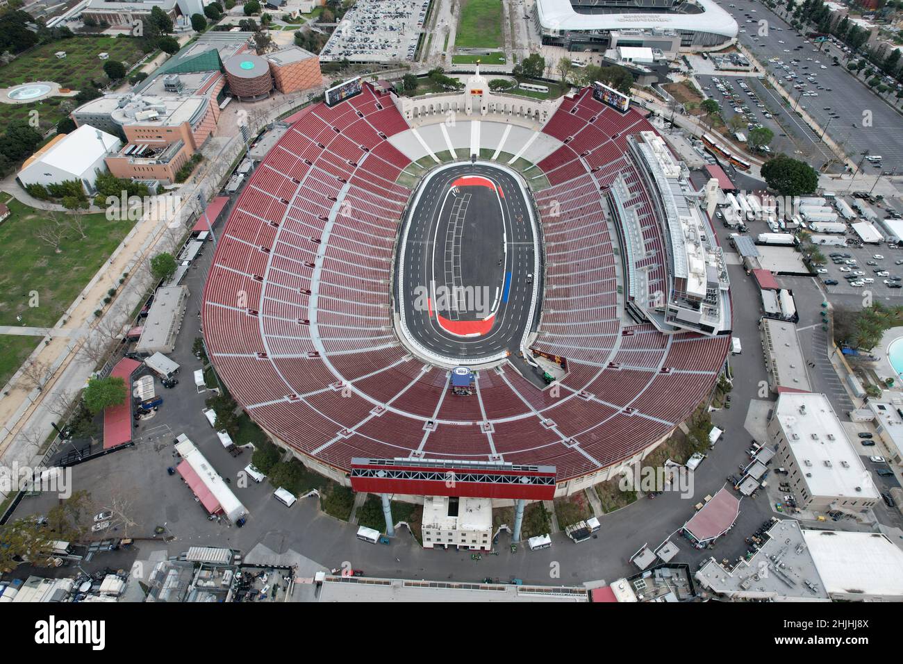 An aerial view of the temporary asphalt racetrack at the Los Angeles Memorial Coliseum for the ...