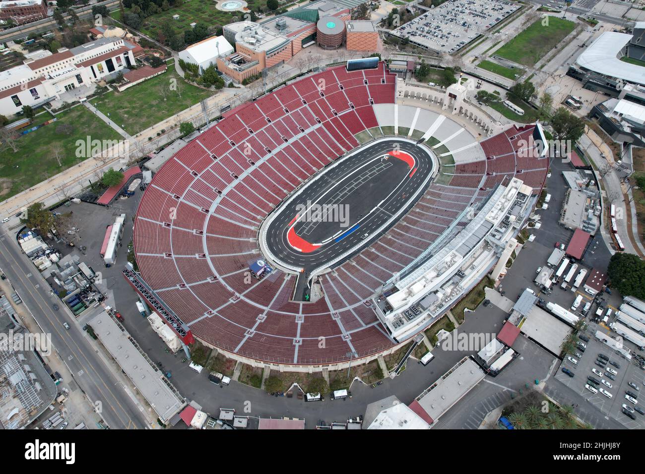 An aerial view of the temporary asphalt racetrack at the Los Angeles Memorial Coliseum for the ...