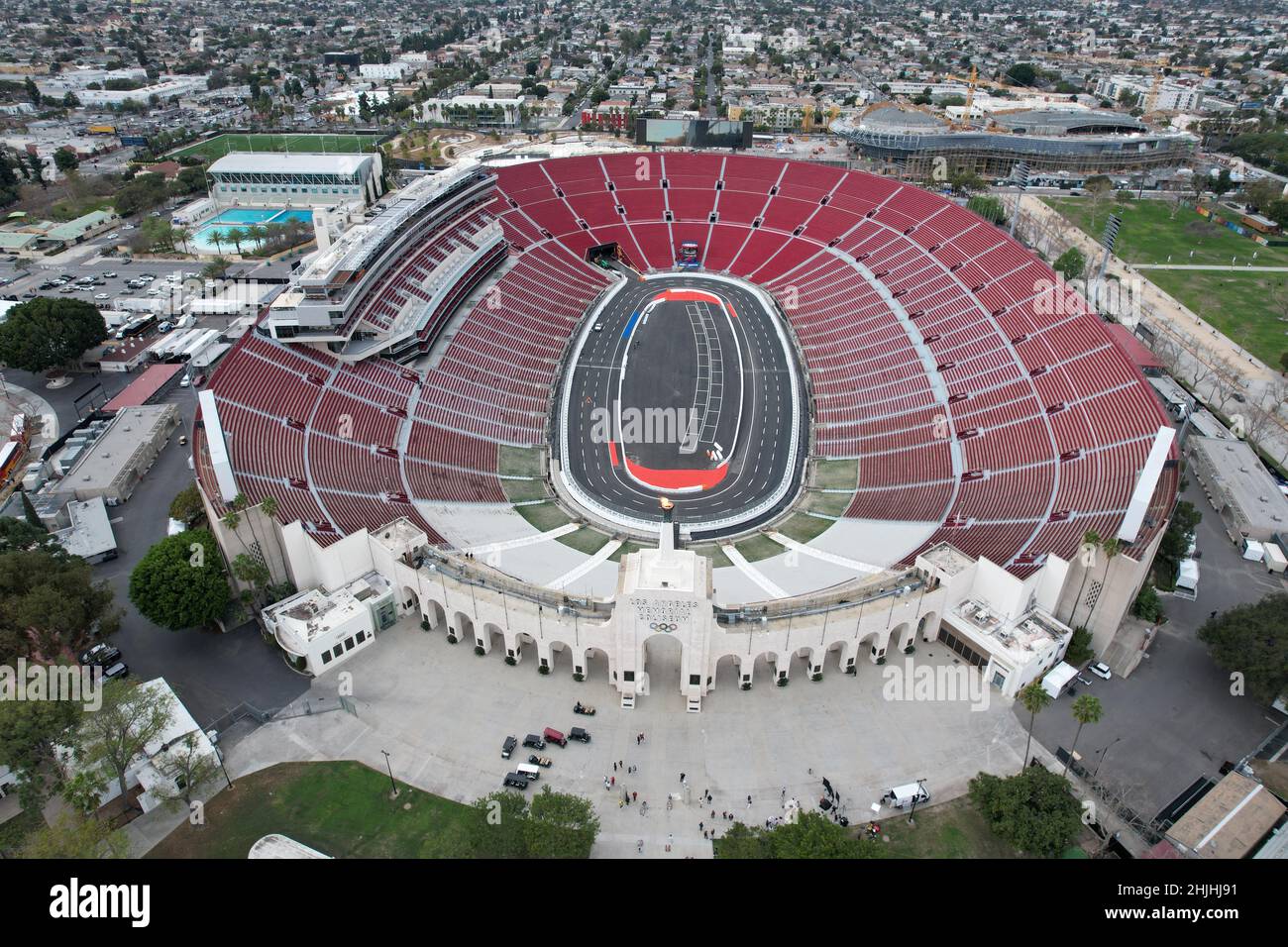 An aerial view of the temporary asphalt racetrack at the Los Angeles Memorial Coliseum for the ...