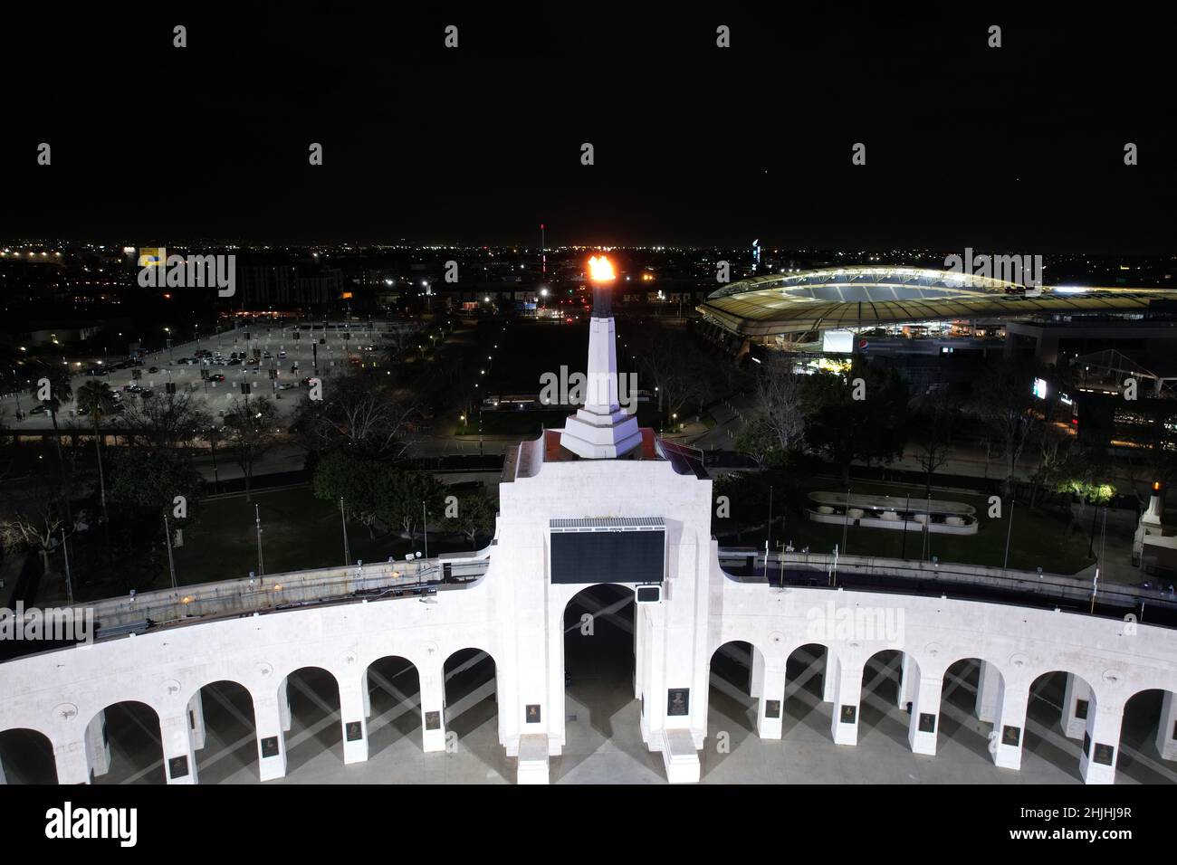 The Los Angeles Memorial Coliseum peristyle and Olympic torch, Saturday ...