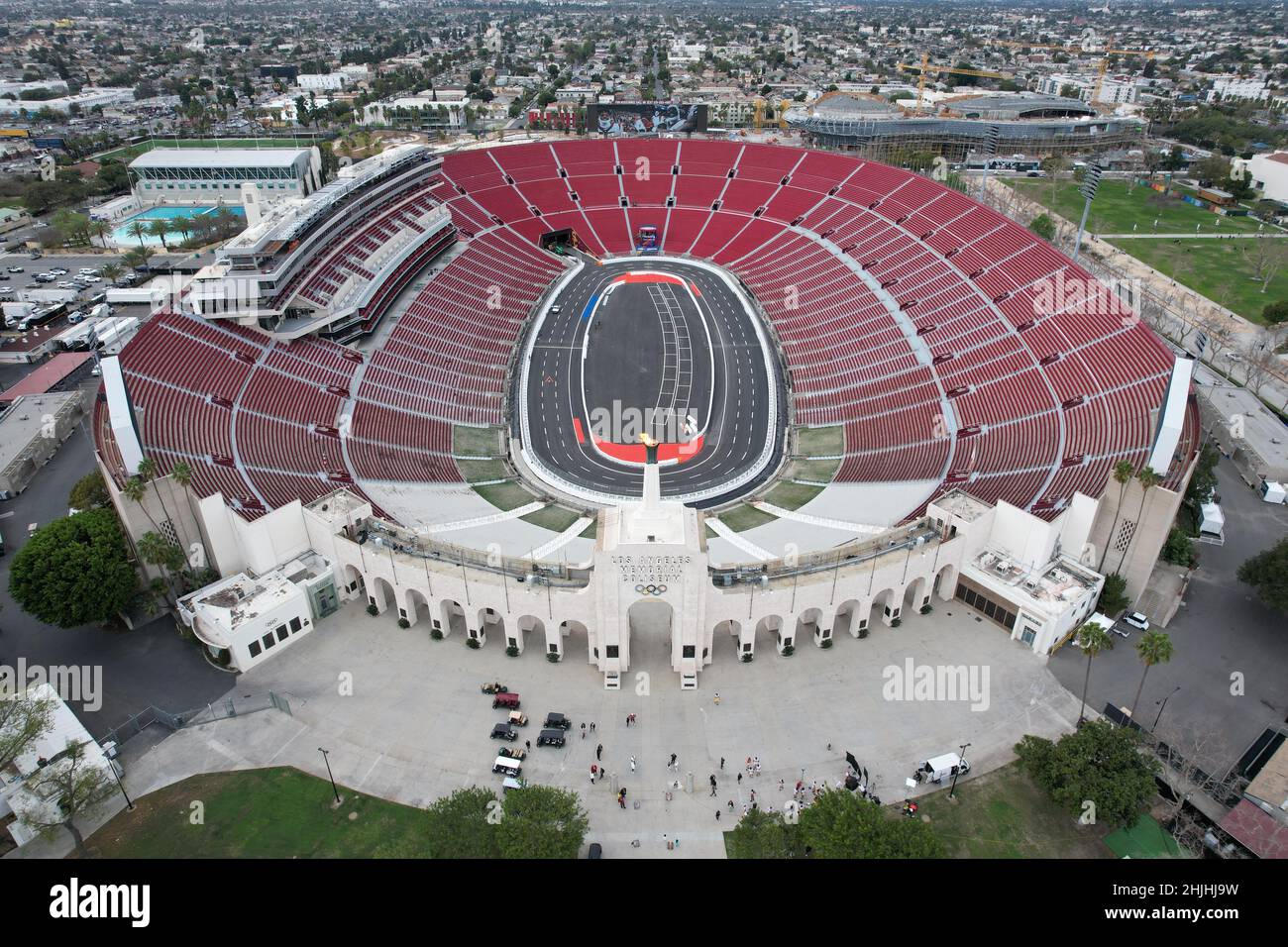 An aerial view of the temporary asphalt racetrack at the Los Angeles Memorial Coliseum for the ...