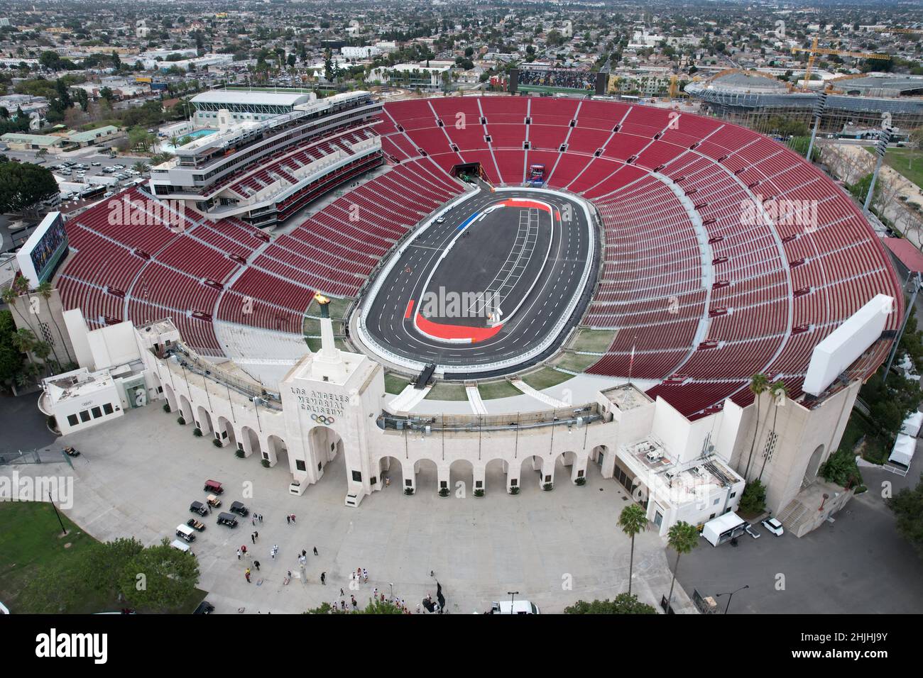 An aerial view of the temporary asphalt racetrack at the Los Angeles Memorial Coliseum for the ...