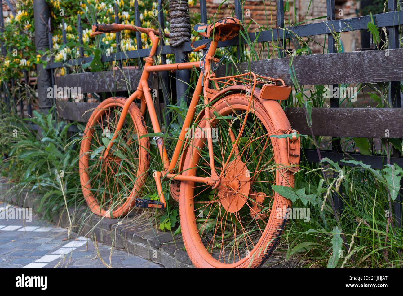 Picture of a vintage bike painted orange Stock Photo - Alamy