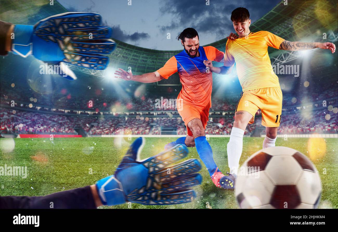 Football scene with soccer players and goalkeeper at the stadium Stock ...