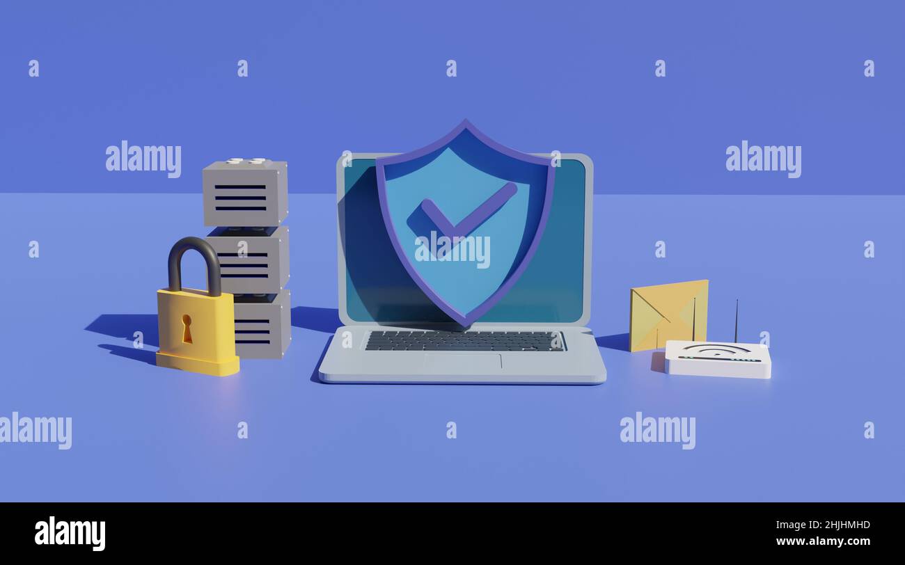 network security concept with secure badge and server computer . 3d ...