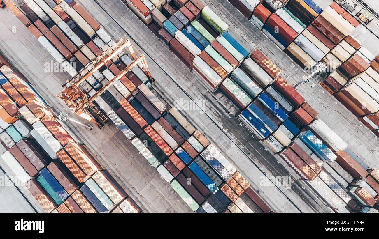 Aerial view of shipping container port terminal. Colourful pattern of ...